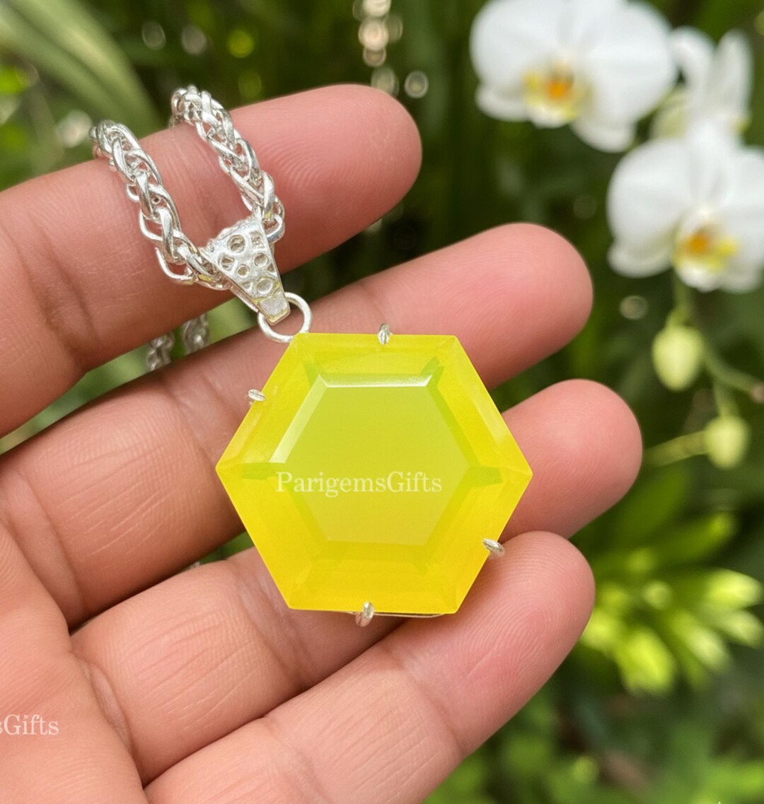 95+ Ct Neon Yellow Opal Hexagon Cut German Silver Solitaire With Chain ...