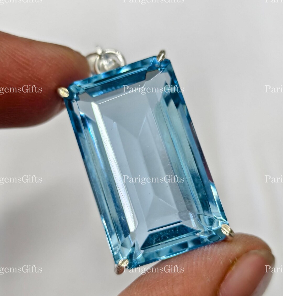 Blue Topaz German Silver Solitaire Pendant 60+ Ct Emerald Fancy Cut - Etsy