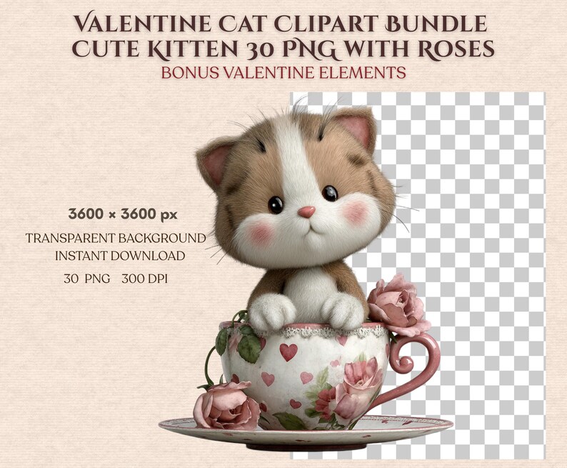 Valentine Cat Clipart Bundle – Cute Kitten PNG With Roses, Whimsical ...