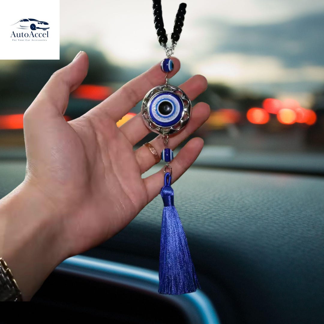 Crystal Tassels Blue Eyes Car Accessories, Black Onyx Car Beaded Charm, Rearview Mirror Pendant ...