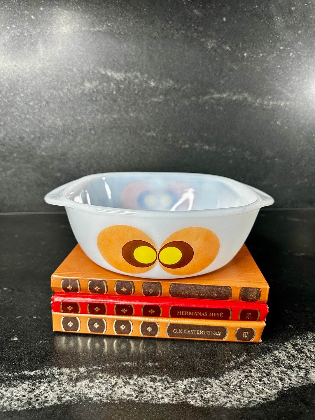 Jena Milk Glass Carina Peacock Owl Eye Orange Casserole Dish, Mixing ...