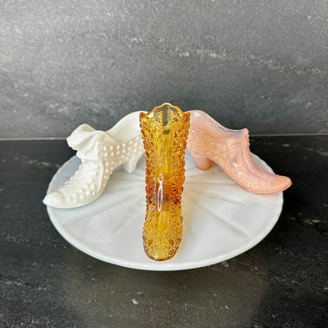 Vintage Glass Shoes, Boot, Great Condition, Vtg Fenton Hobnail and Boyd ...