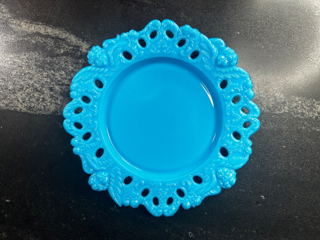 Blue Milk Glass Lace Edge Decorative Plate 9”, Scalloped Lace Edge ...