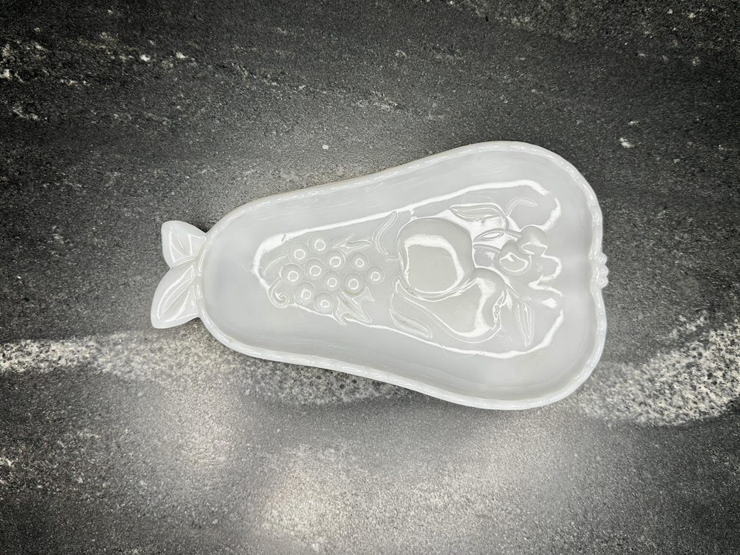 Vintage Milk Glass Pear Shaped Dish Hazel Atlas Fruit and Floral ...