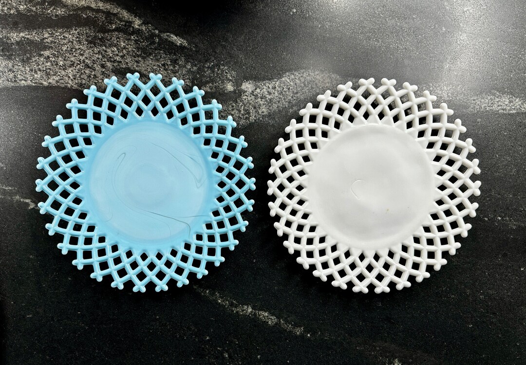 Vintage Milk Glass Pates, Lace Edge White and Aqua Decorative Plates ...