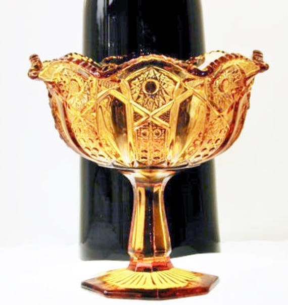 L.E. Smith Art Glass Compote Heritage Pattern Octagon Foot | Etsy