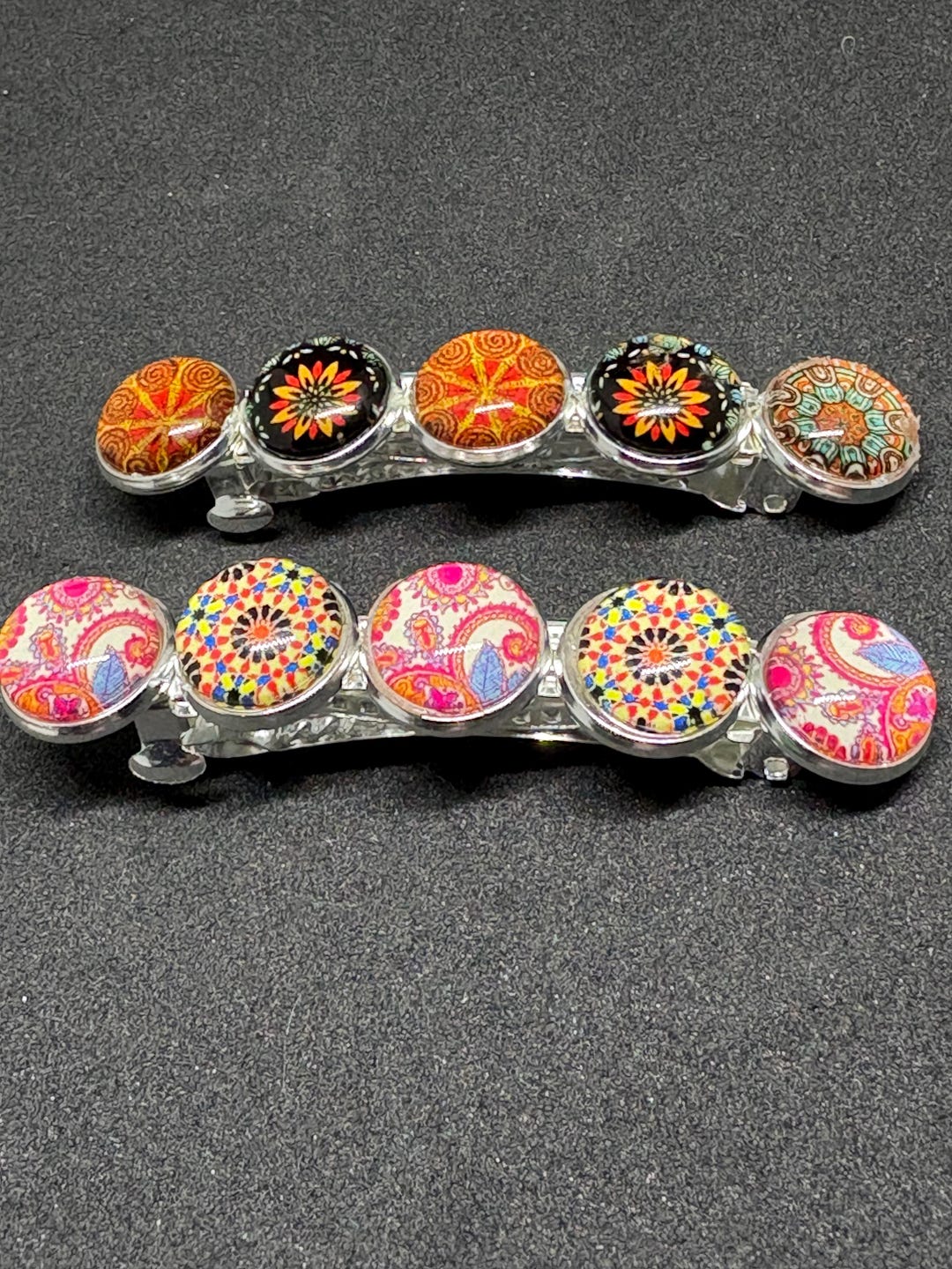 Mandala Style Silver-tone Barrettes Set of 2 Red & Orange Designs With ...