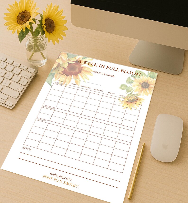 Sunflower Weekly Planner Printable: Watercolor Floral PDF Template (US ...