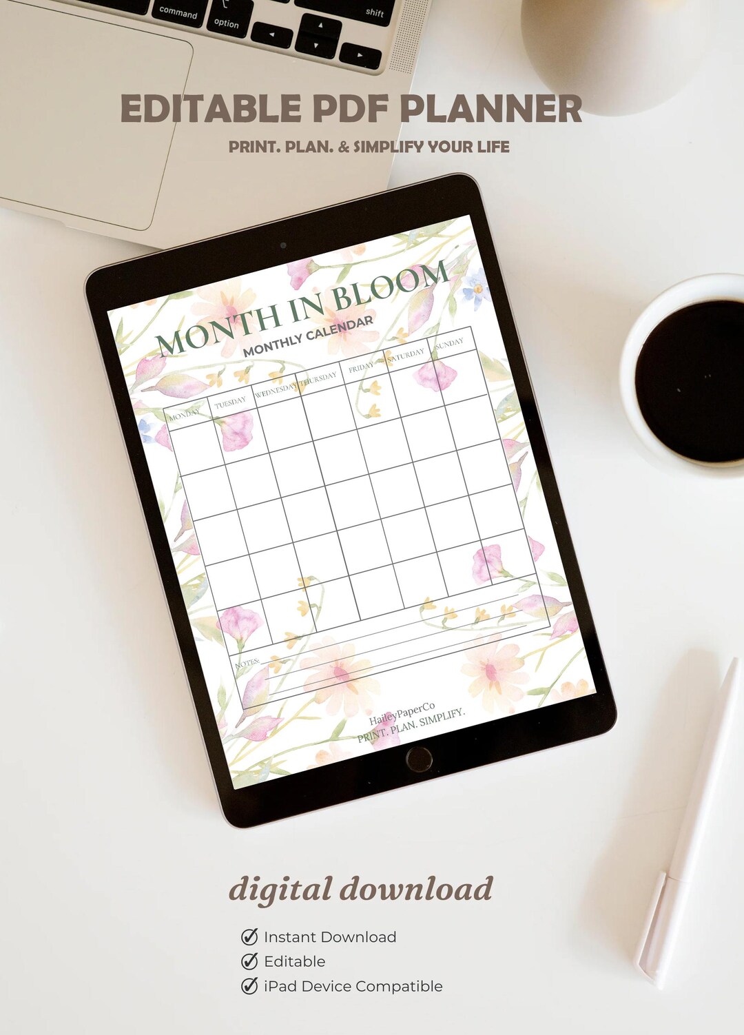 Month in Bloom – Printable Monthly Calendar | Floral Undated Planner ...