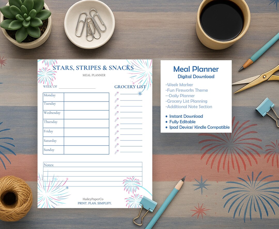 4th of July Meal Planner: Patriotic Menu Organizer (printable PDF) - Etsy