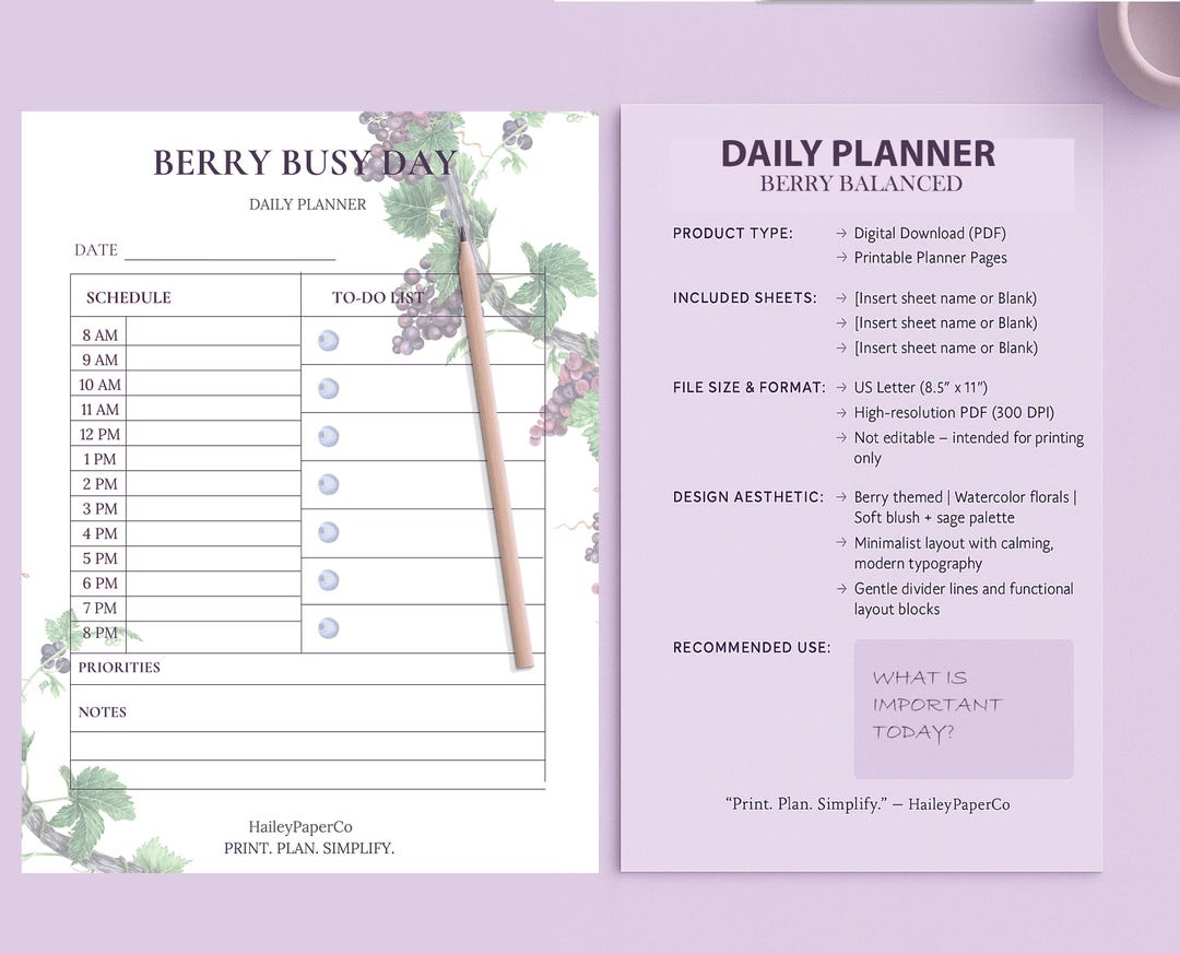 Grape & Blueberry Daily Planner Printable: Berry Theme To-do List (PDF ...