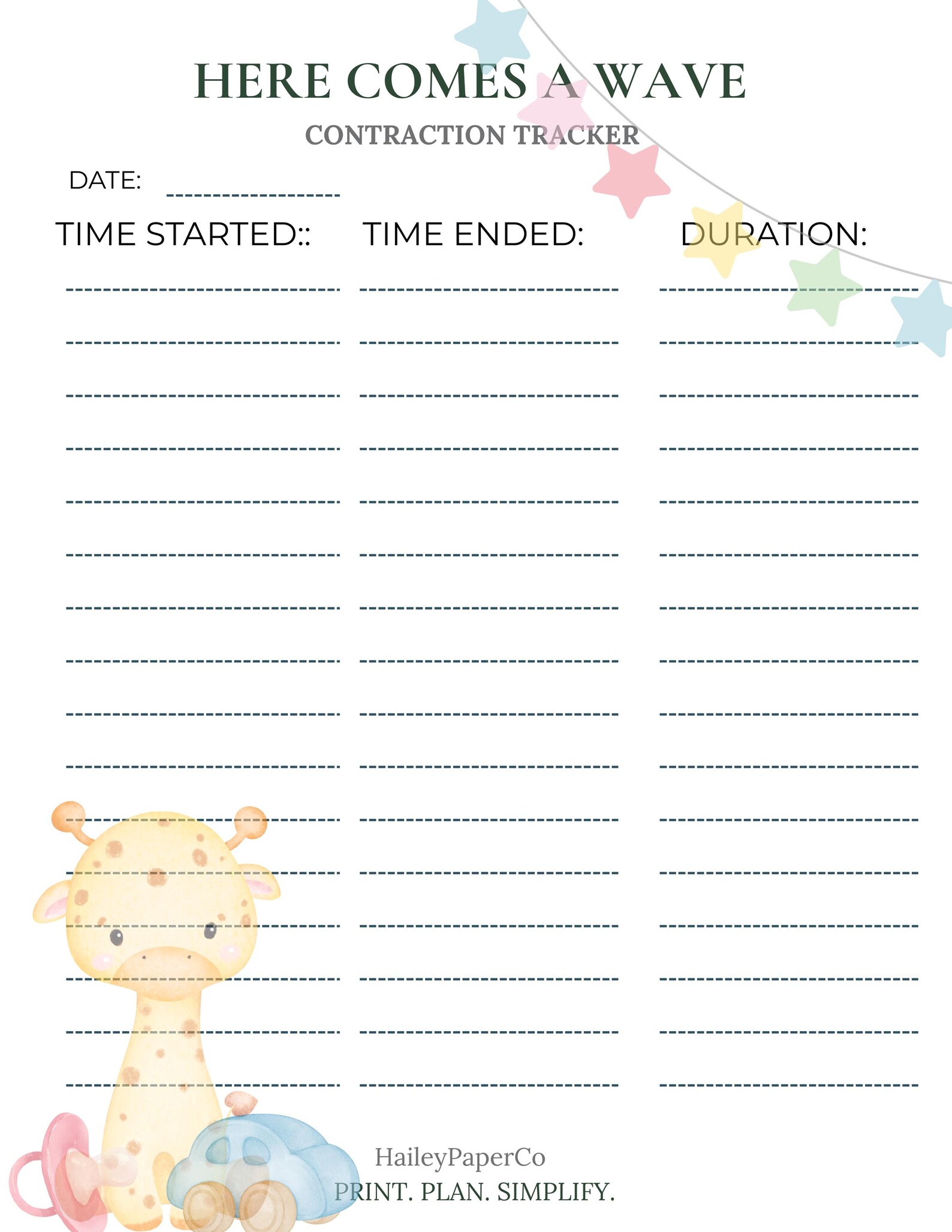 Printable Contraction Tracker: Baby Shower Gift (PDF) - Etsy