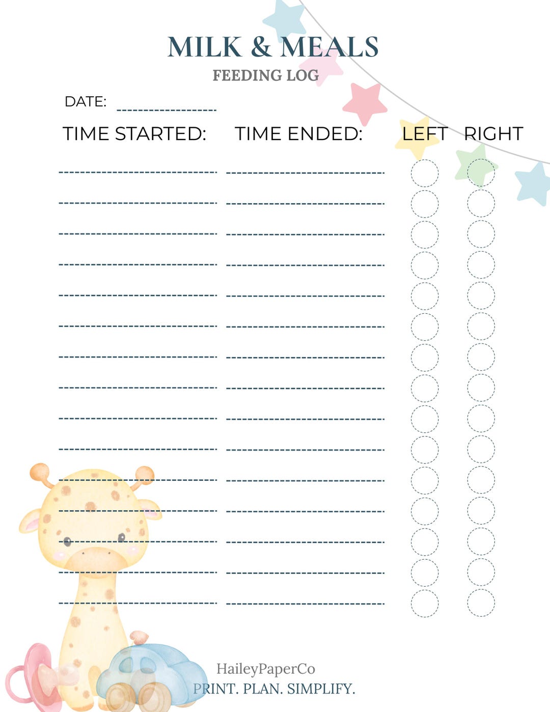 Milk & Meals | Baby Feeding Tracker Printable | Newborn Nursing Chart ...