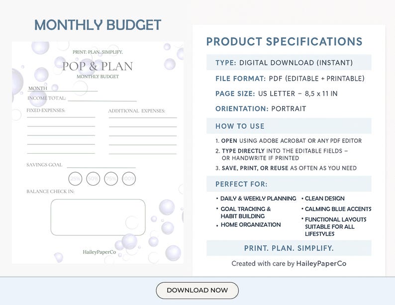 Pop & Plan: Monthly Budget Sheet | Bubble-themed Printable Finance ...
