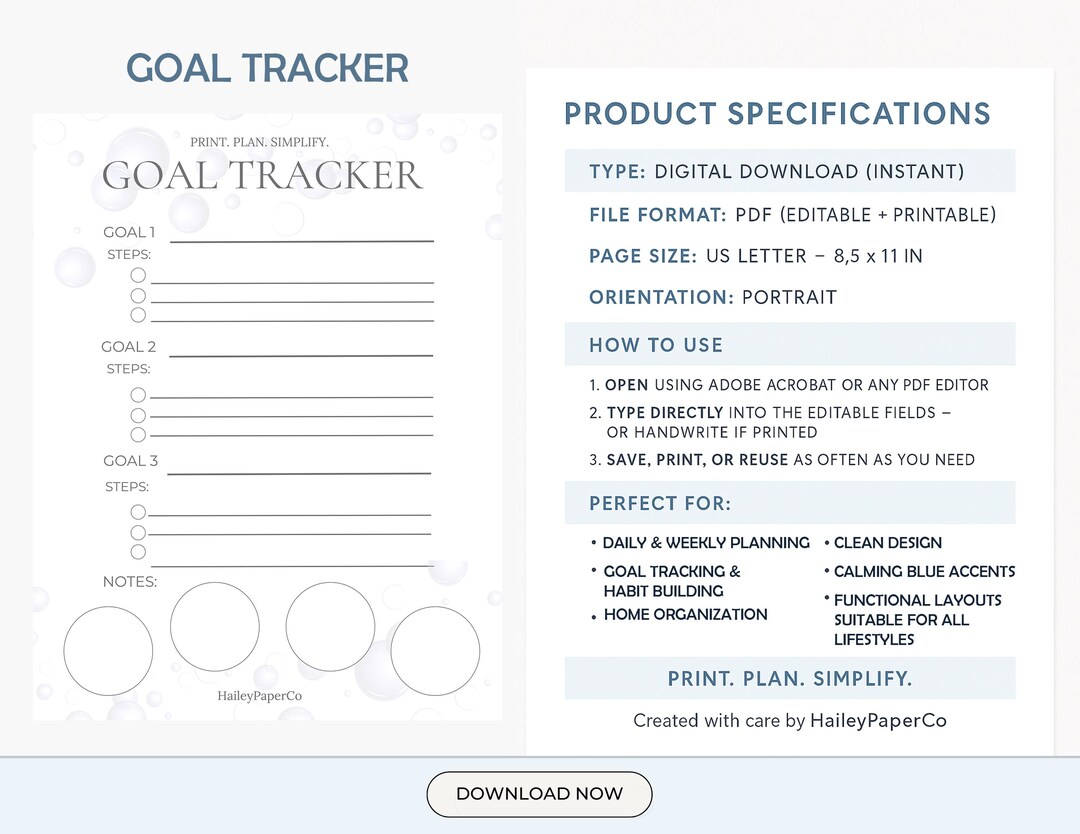 Goal Tracker Printable | Bubbles & Balance | Minimalist Goal Setting ...