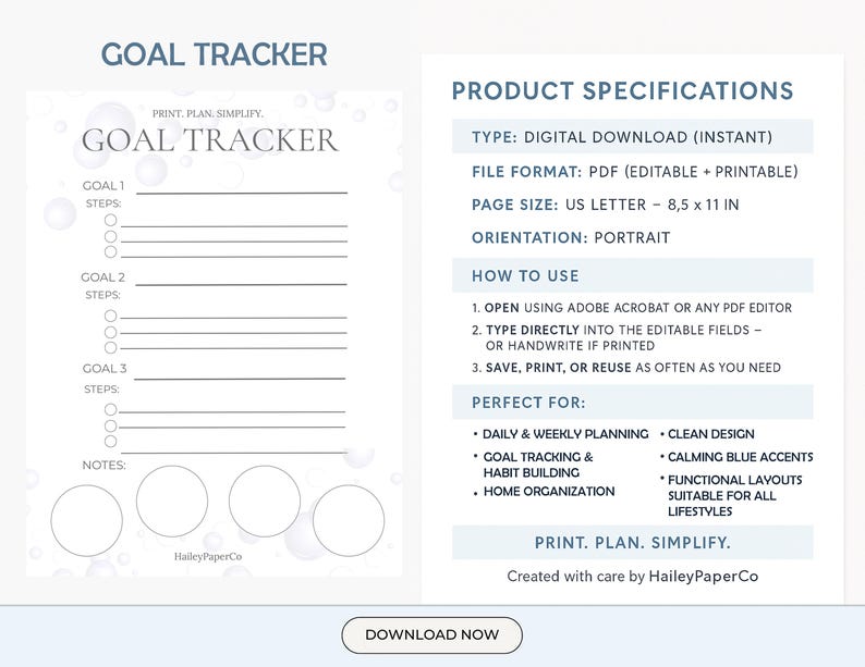 Goal Tracker Printable | Bubbles & Balance | Minimalist Goal Setting ...