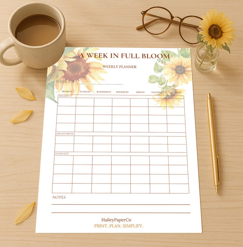 Sunflower Weekly Planner Printable: Watercolor Floral PDF Template (US ...