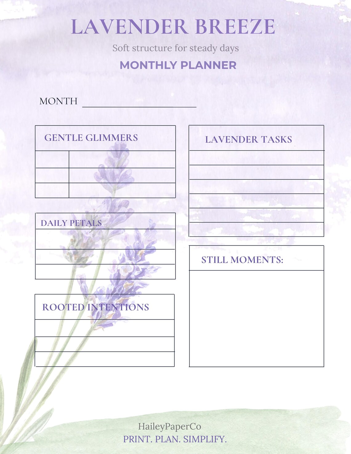 Lavender Monthly Planner Printable: Floral Intentions & Self-care ...