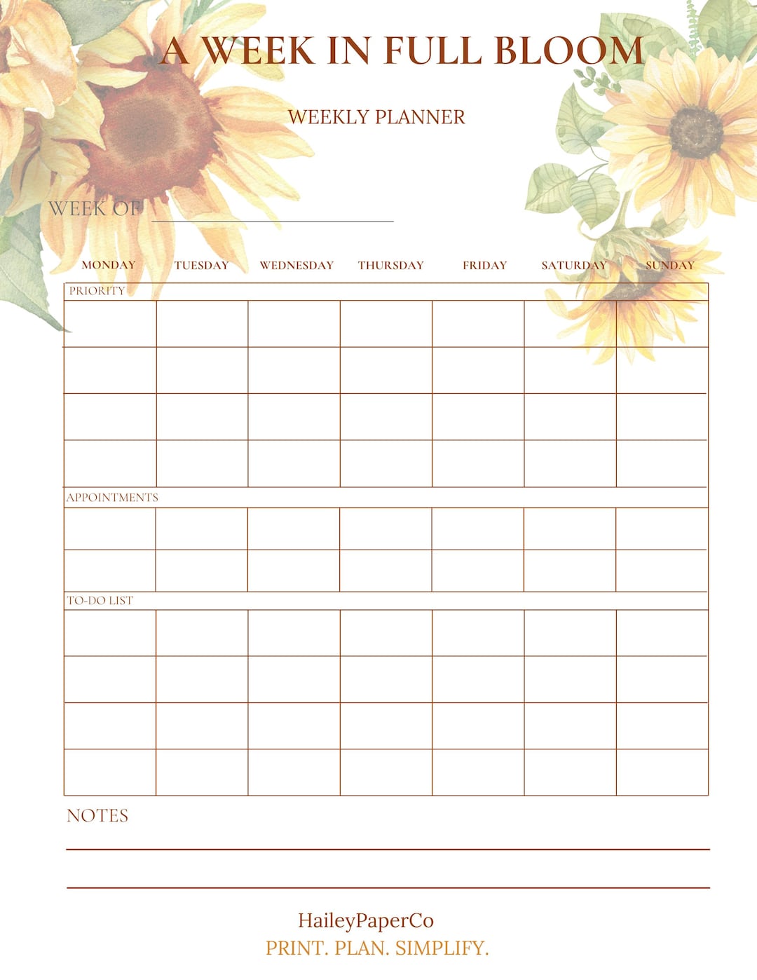 Sunflower Weekly Planner Printable: Watercolor Floral PDF Template (US ...
