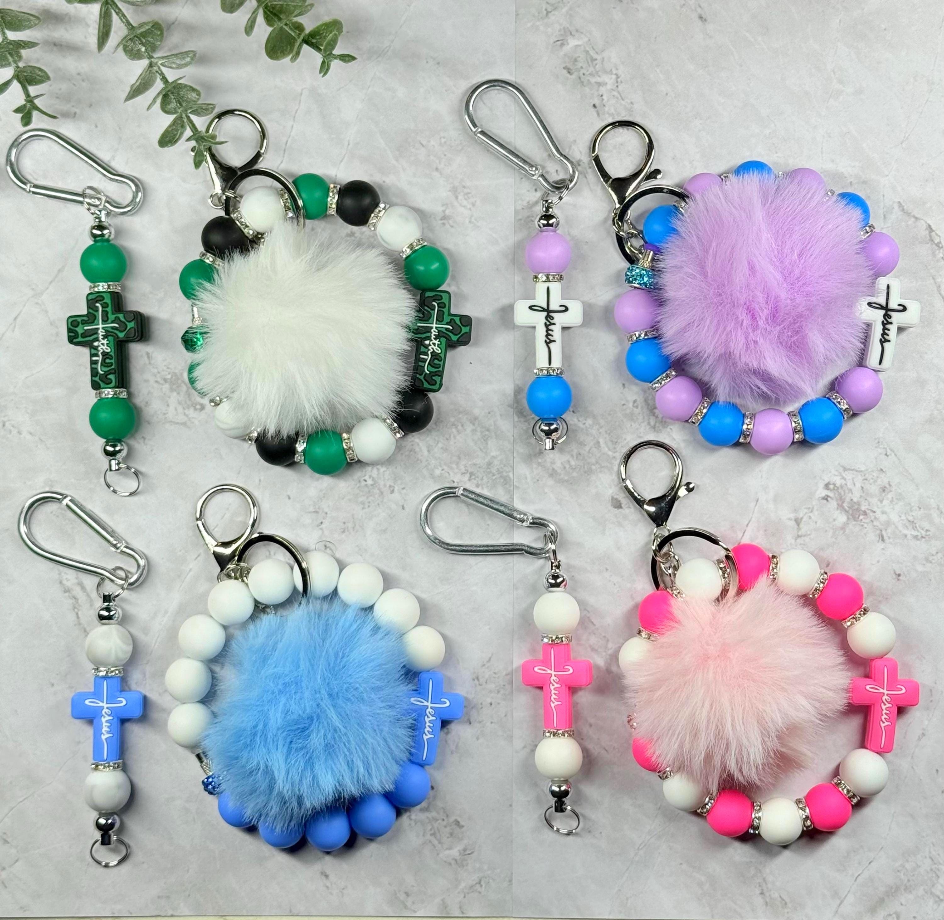 Jesus Cross Wristlet & Keychain Set | 4" Beaded Wristlet With Pom Pom ...