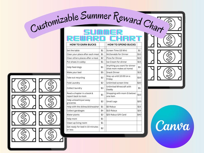 Customizable Kids Reward Chart: Summer Chore Tracker, Printable Bucks ...