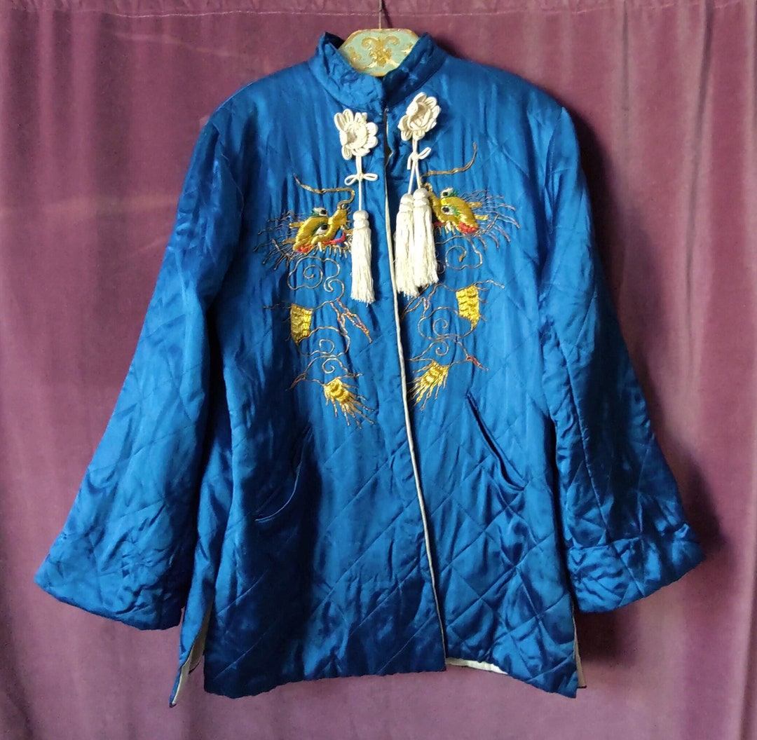 Bright Blue Quilted Asian Jacket With Hook Closure at Neck - Etsy