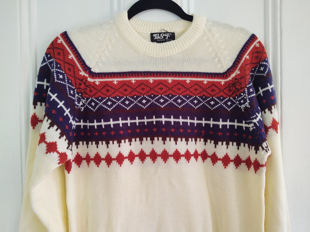 Vintage Eighties 1980s BSF Mens Crew Neck Fair Isle Sweater Size Large ...