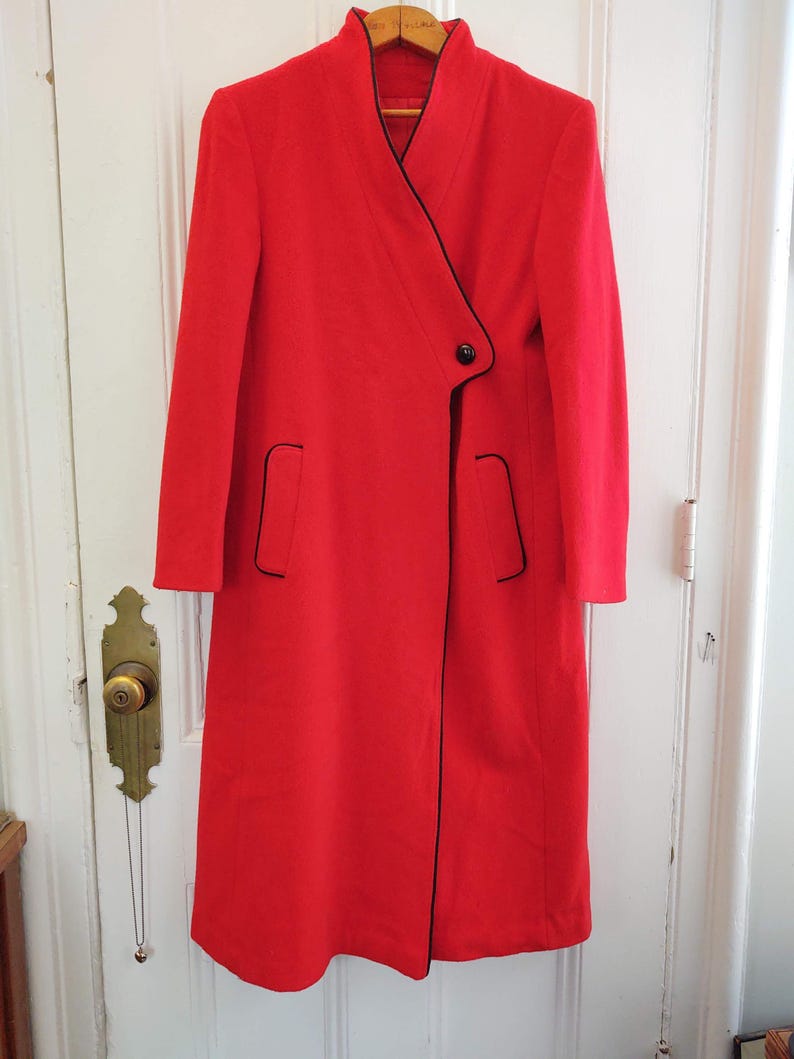 Vintage Red 1980s Satin Lined Coat Black Piping Drop Collar Pockets - Etsy