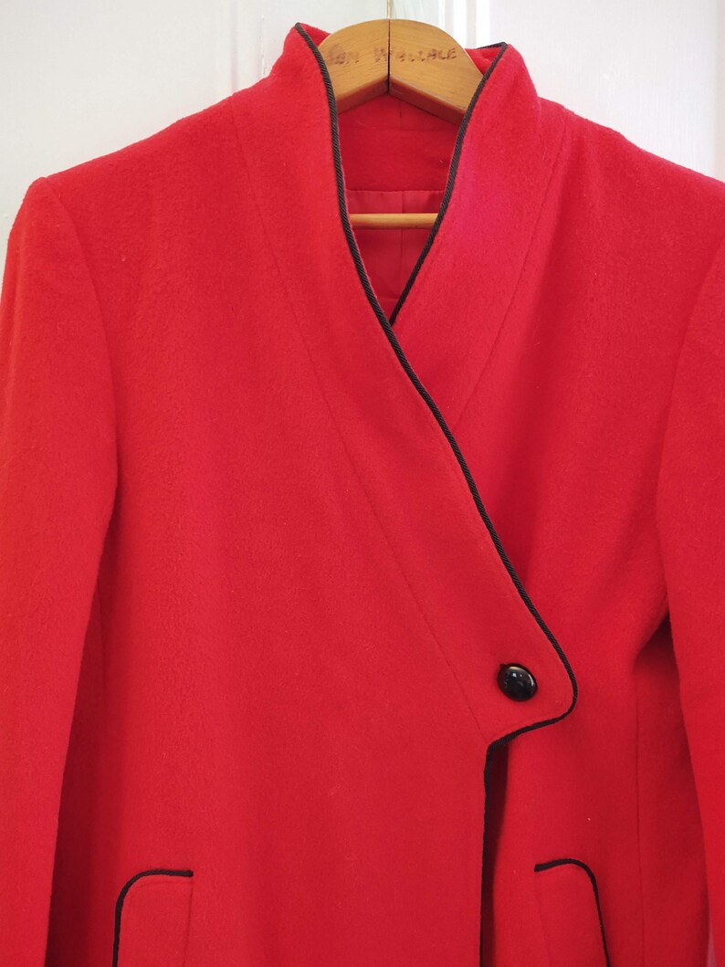 Vintage Red 1980s Satin Lined Coat Black Piping Drop Collar Pockets - Etsy