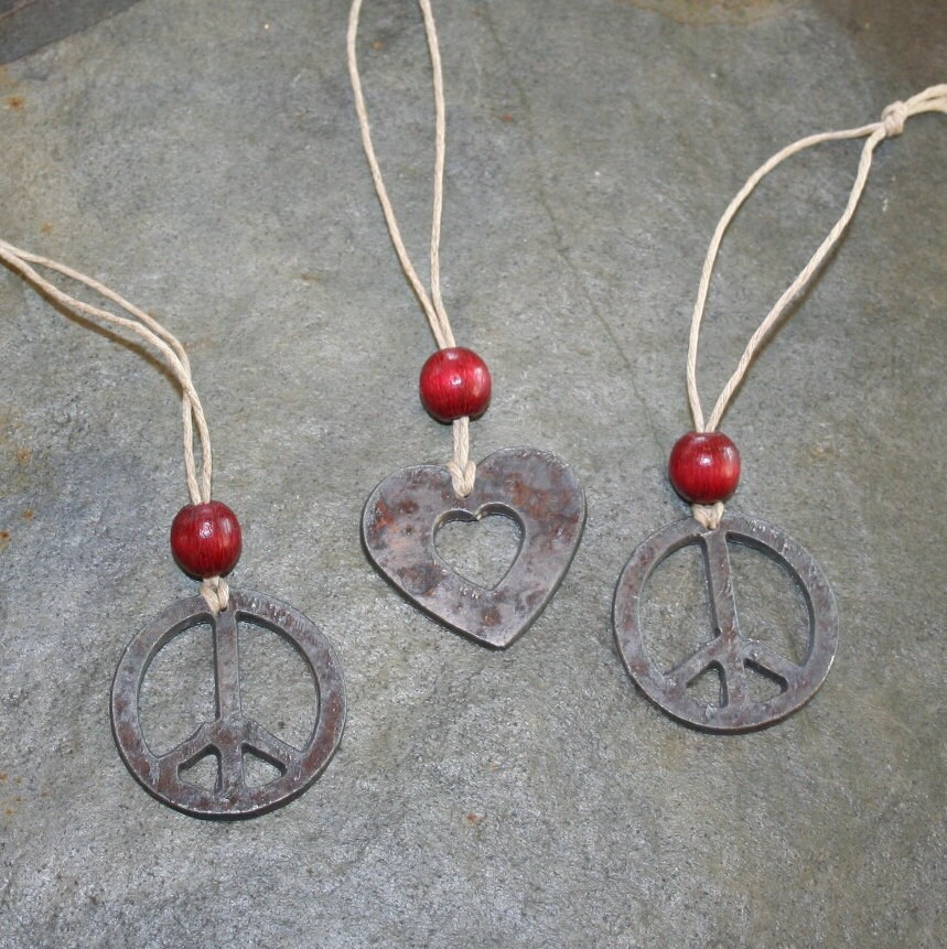 Peace and Love Set of 3 Rustic Steel Ornaments | Etsy