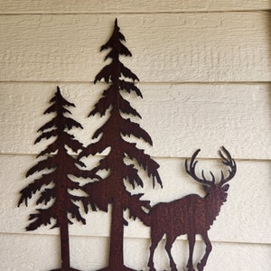 Rustic Elk Pine Tree Steel Art Cabin Decor Woods Metal Art Custom Trees ...