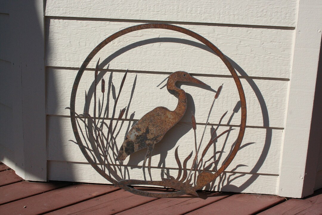 Heron and Cattails Rustic Decor 18" Egret Rusty Art Metal Home Garden ...