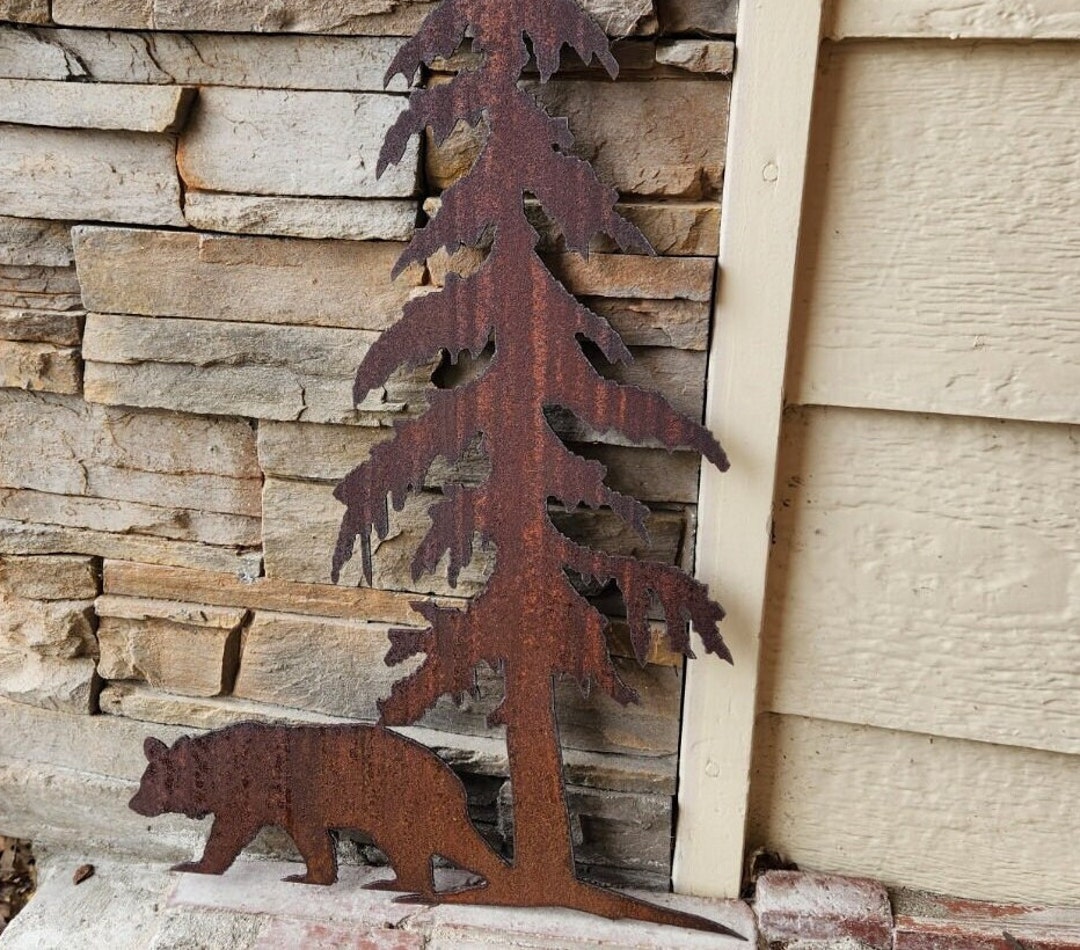 Rustic Bear Pine Tree Steel Art Cabin Decor Woods Metal Art Custom ...