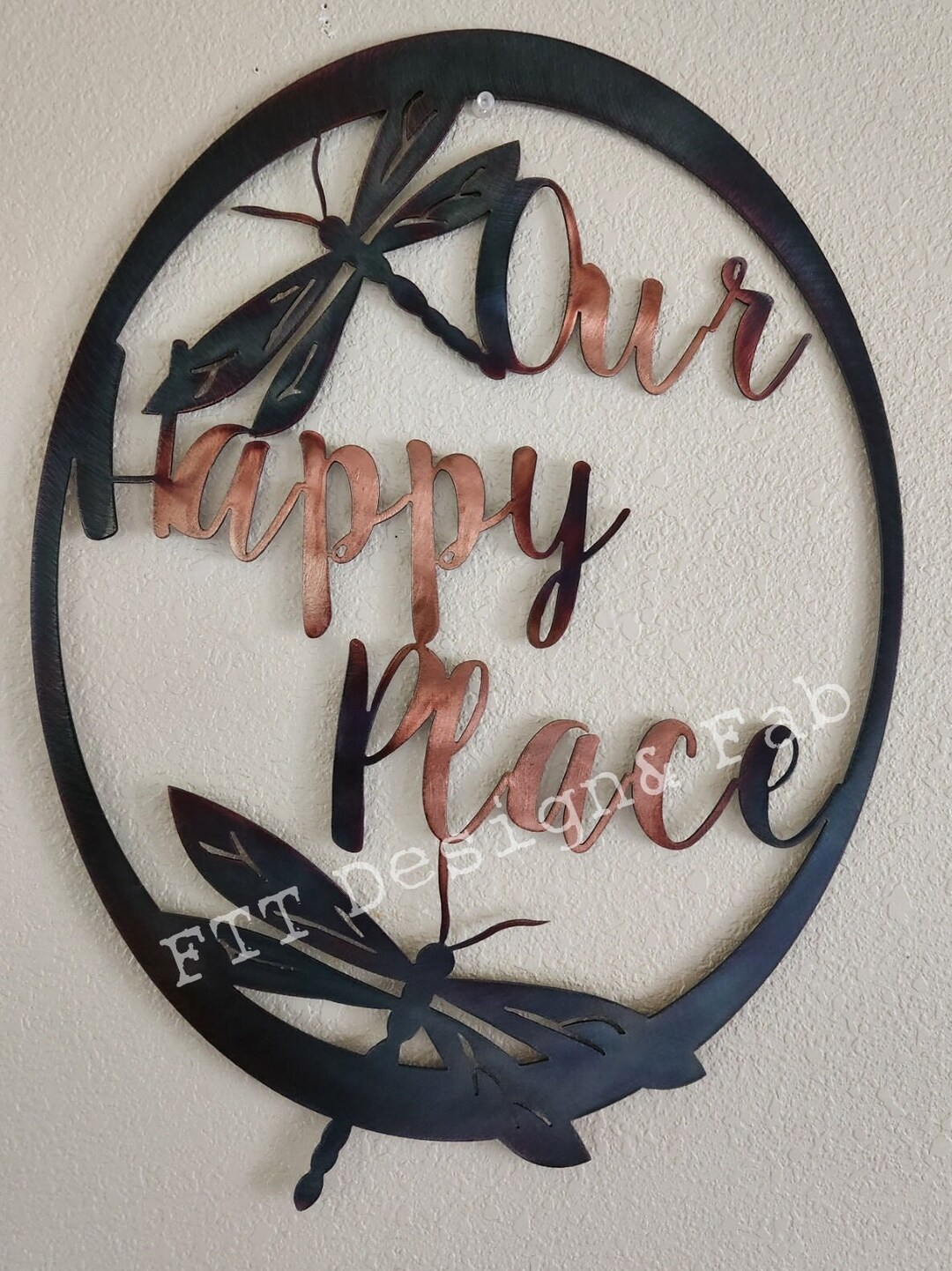 Our Happy Place Dragonfly Vertical Oval Rustic Accent Custom Welcome ...