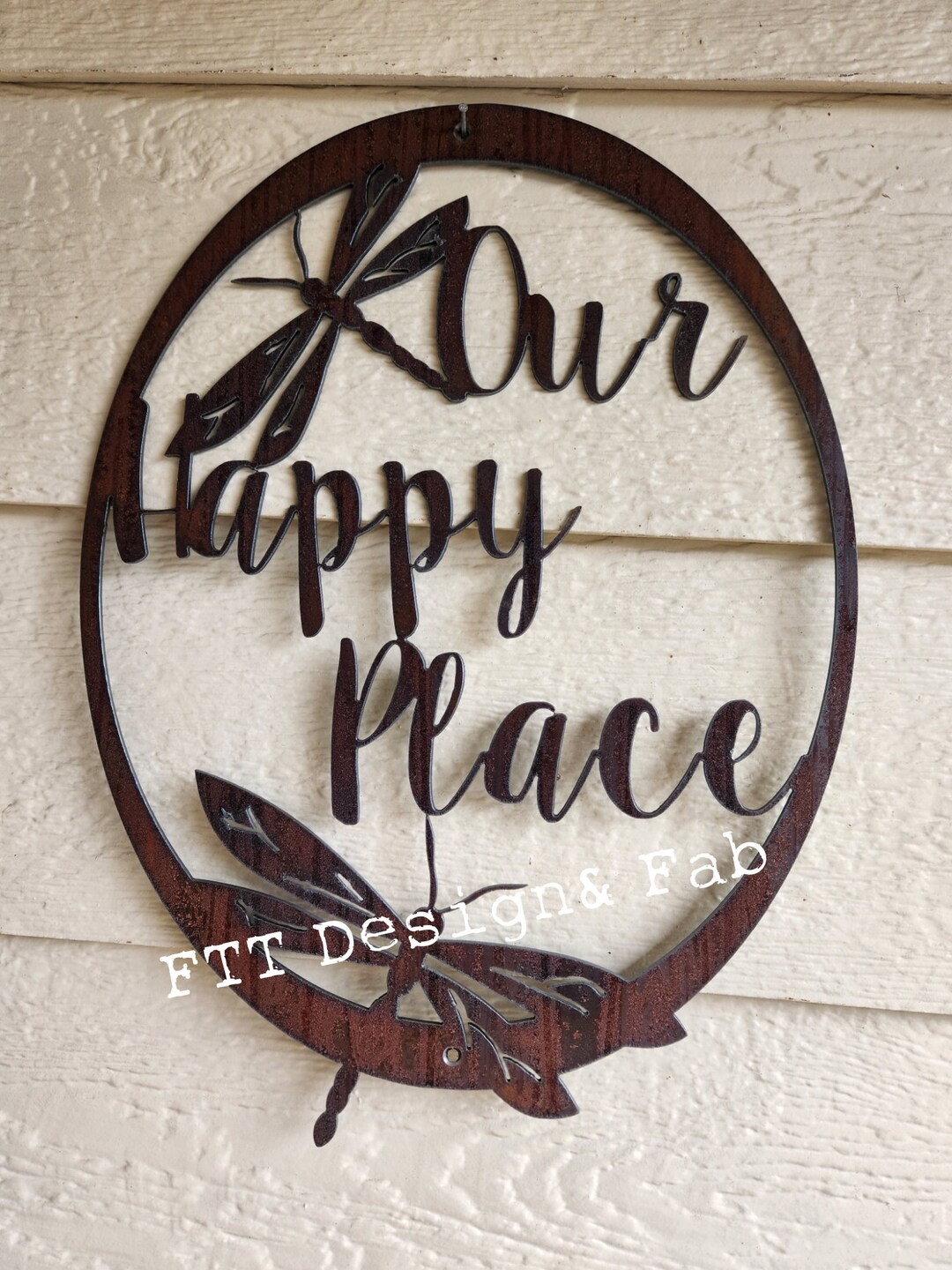 Our Happy Place Dragonfly Rustic Vertical Accent Custom Welcome Heat ...