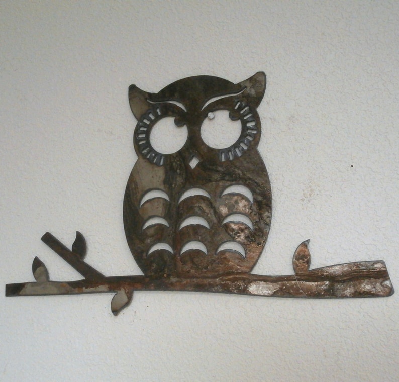 Thoughtful Owl Recycled Metal Wall Art Colored Patina Custom Owl Branch ...