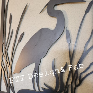 Heron and Cattails Rustic Square Decor 18" Egret Rusty Art Metal Home ...