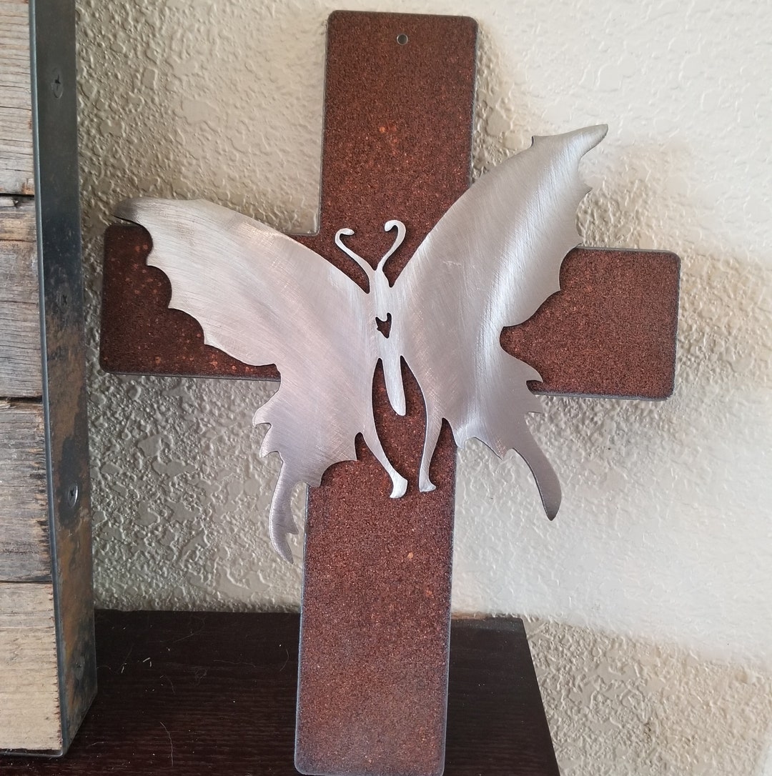 Rustic Metal Cross With Silver Textured Butterfly Custom Recycled Steel ...
