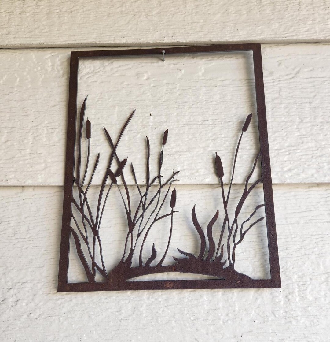 Rustic Cattails Framed Metal Art Custom Catkins Steel Pussywillow ...