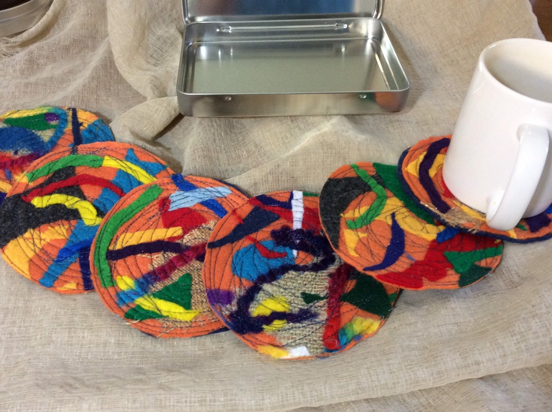 Round Felt Coasters With Holder, Mug Rug Set of 6, Made in USA, Tiki ...