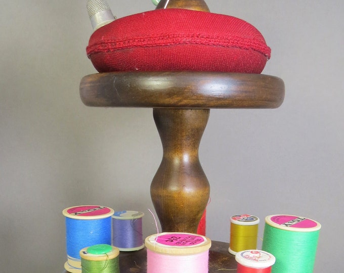 Vintage Large Wooden Sewing Thread Holder & Pincushion 3-levels Threads ...
