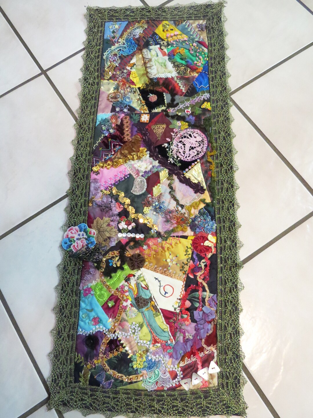 Crazy Quilt Table Runner Hand Embroidery Beadwork - Etsy