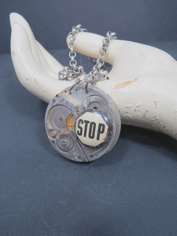 Pocket Watch Necklace Dial STOP Pin Upcycled One of a - Etsy