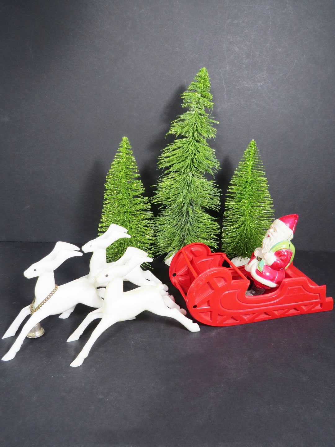 Vintage Santa & Sleigh, 3 Mid Century Reindeer, Hard Plastic and ...