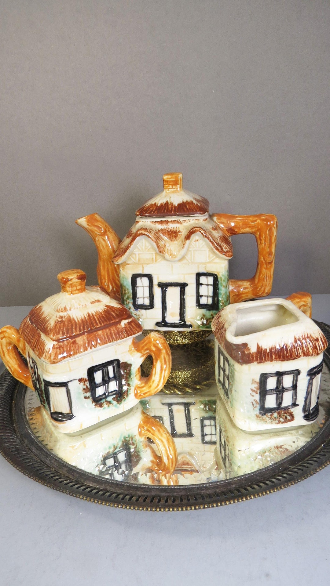 Vintage Cottage Ware 3-piece Tea Set Hand Painted Japan Teapot Creamer ...