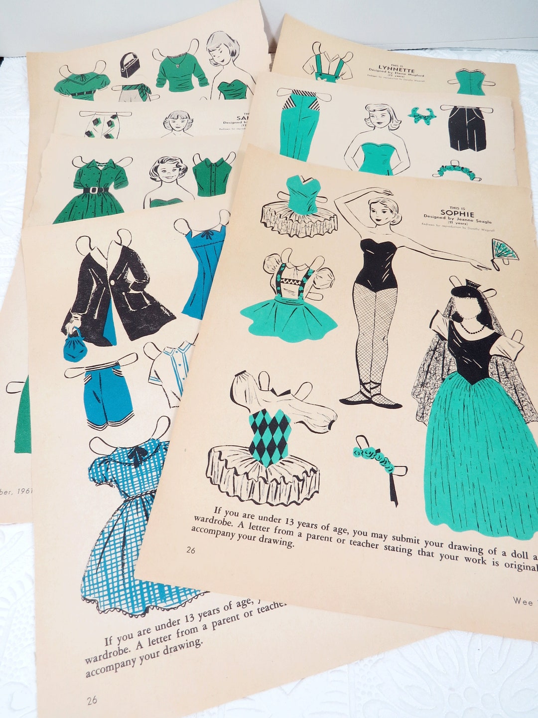Wee Wisdom Paper Doll Sheets, Set of 7, UNCUT, Green & Blue Clothes ...