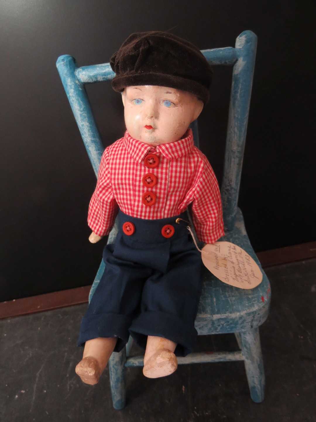 Vintage Paper Mache Boy Doll Hand Painted Face Excelsior Stuffing ...