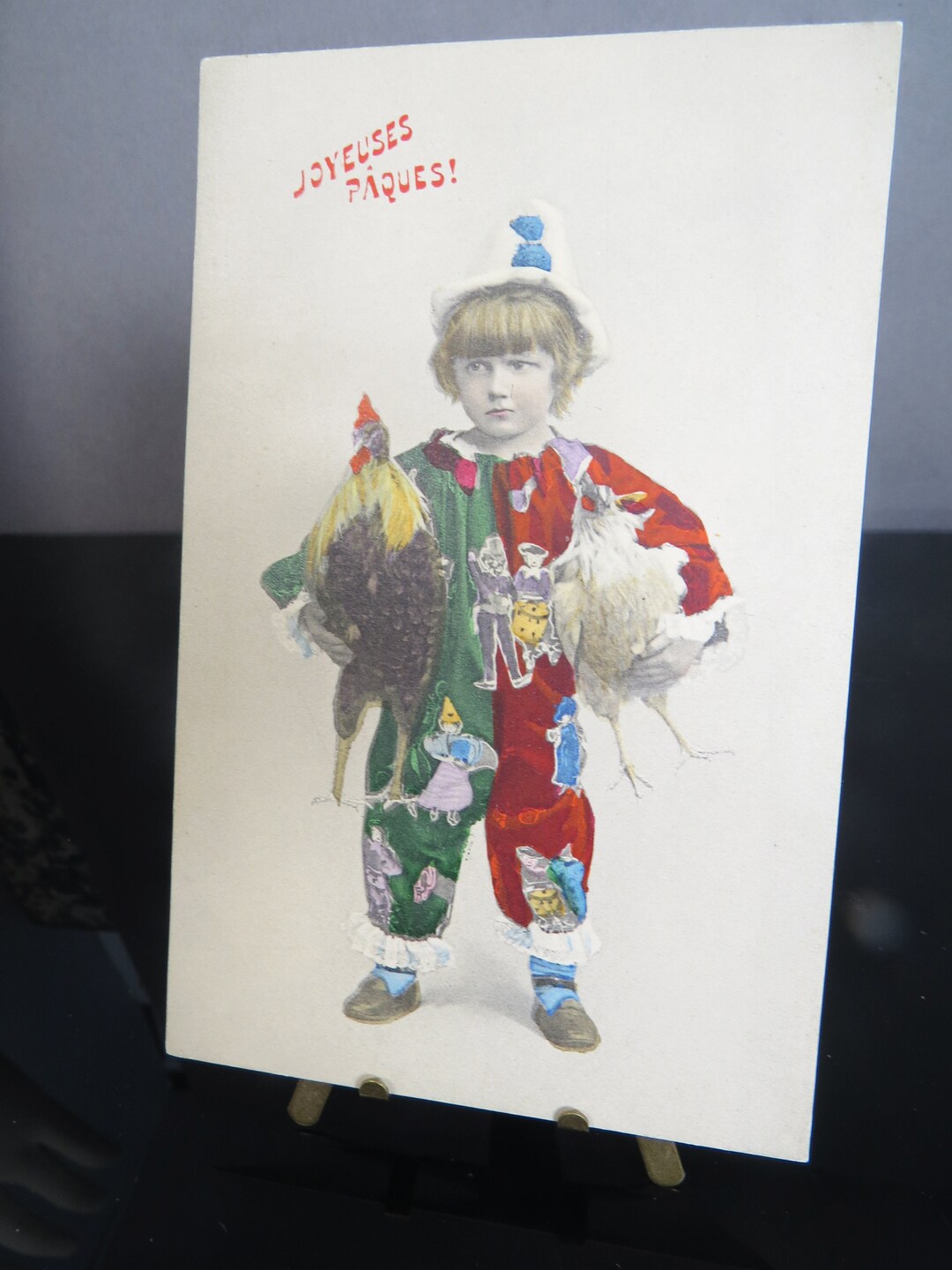 Vintage French Easter Clown Boy Postcard Chicken & Rooster Joyeuses ...