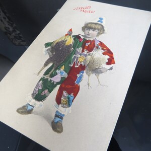Vintage French Easter Clown Boy Postcard Chicken & Rooster Joyeuses ...