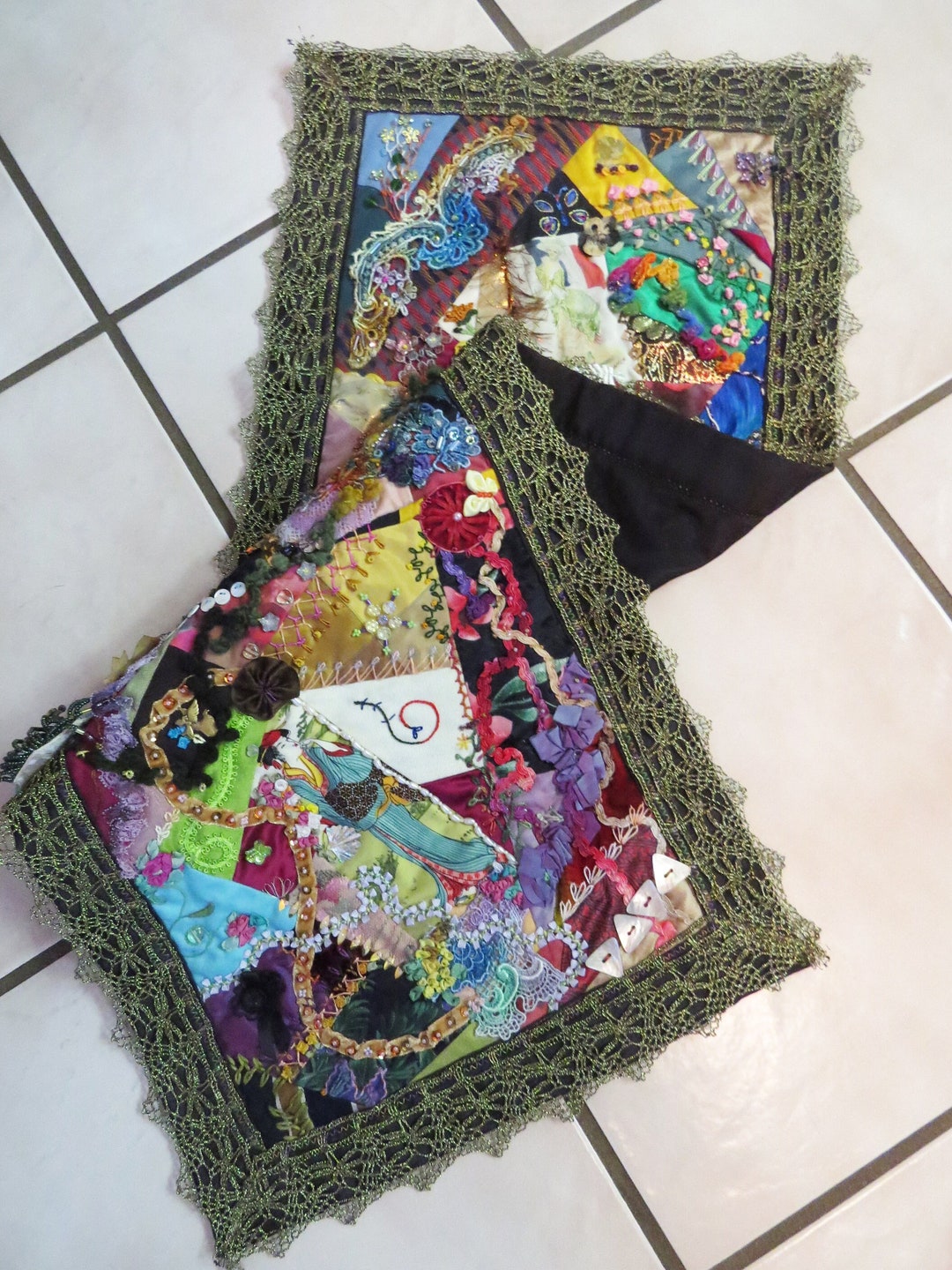 Crazy Quilt Table Runner Hand Embroidery Beadwork - Etsy